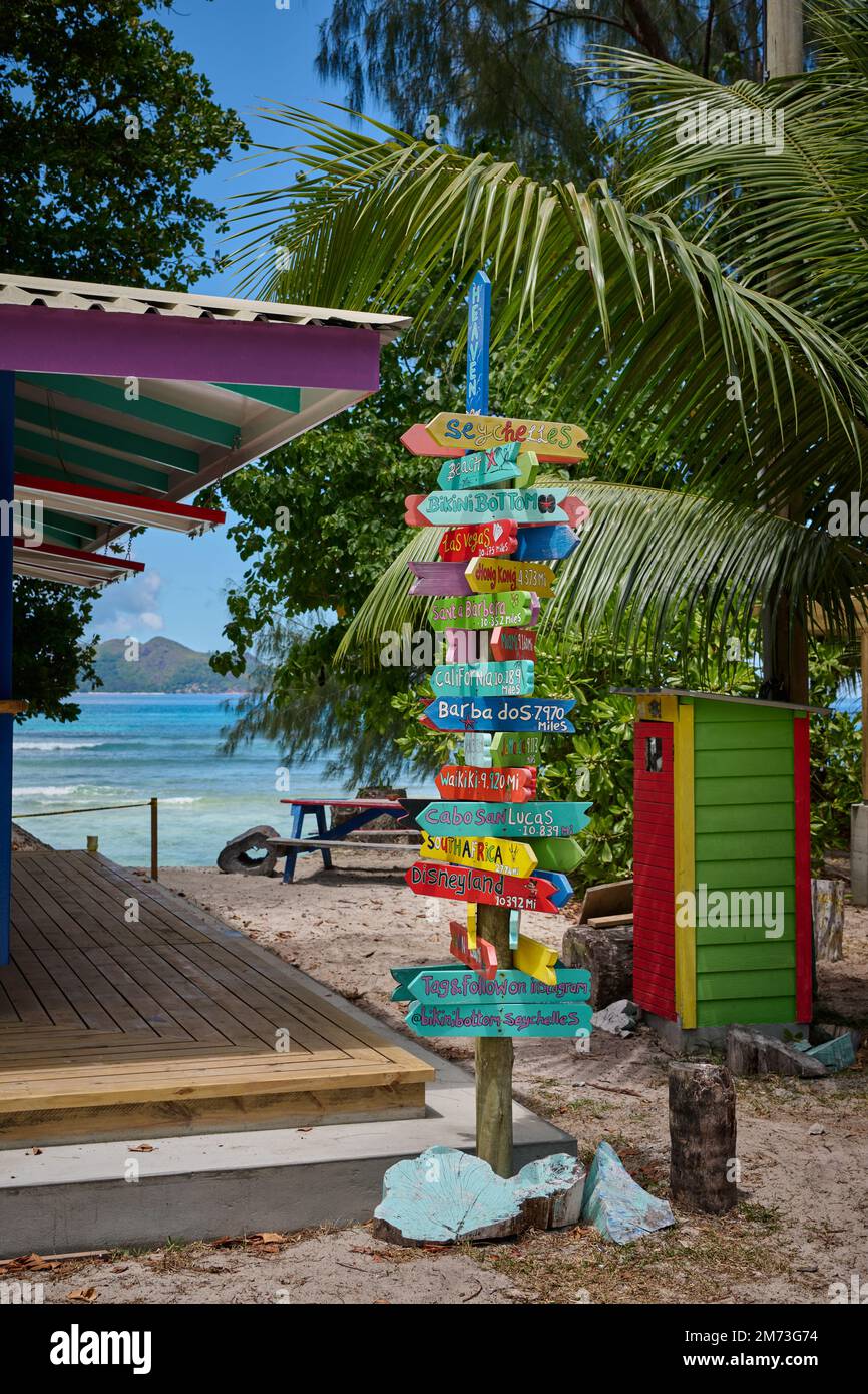 colorful information signs with distances to places around the world on ...