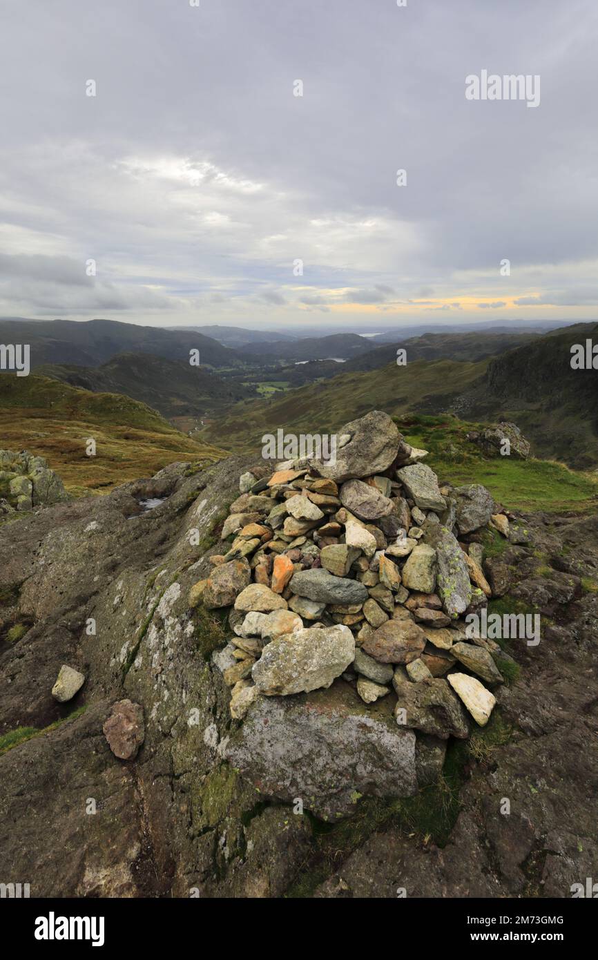 The summit cairn on Calf Crag fell, above Thirlmere in the Central ...
