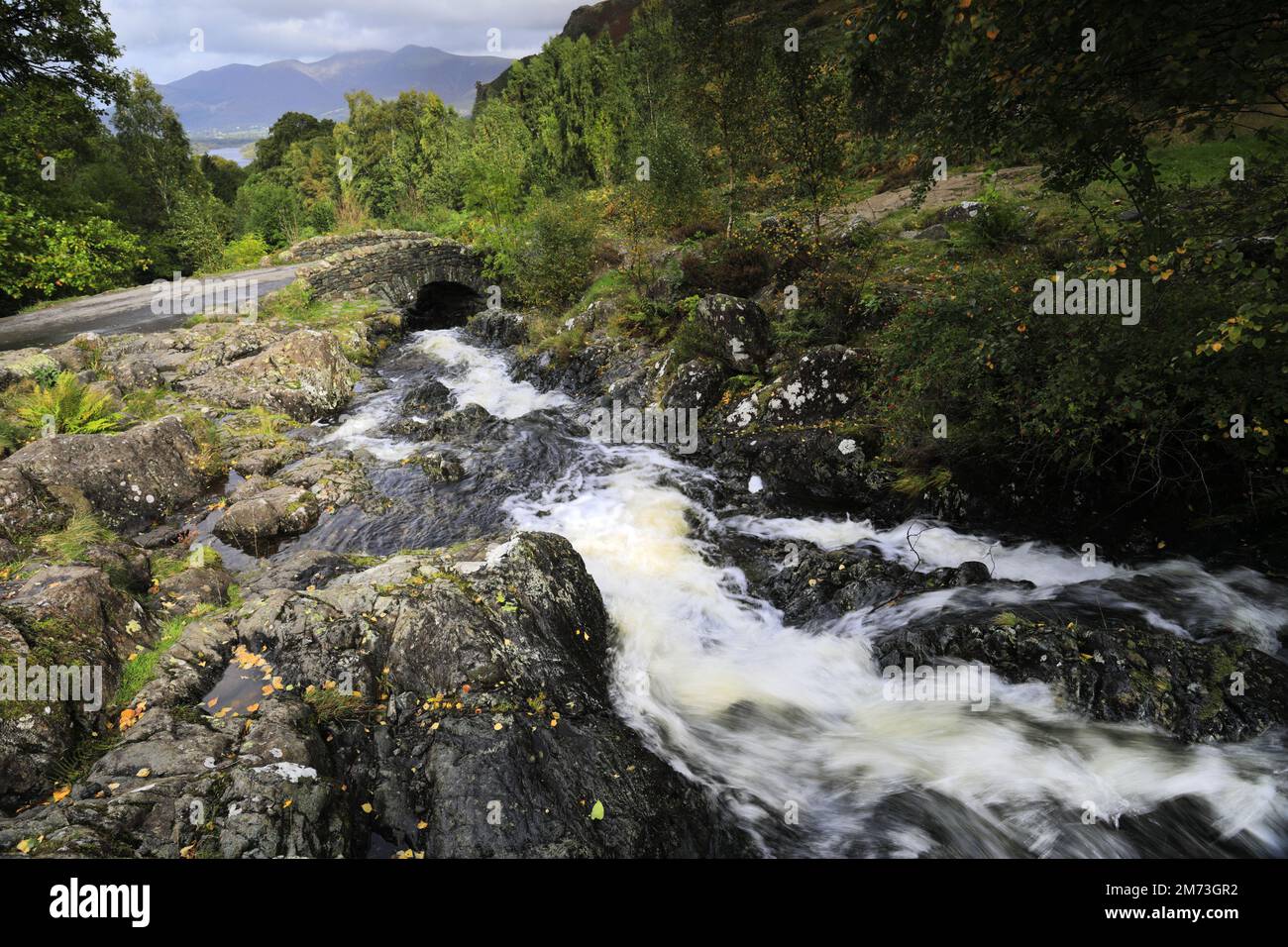 Autumn view over Ashness Bridge, Keswick town, Lake District National ...