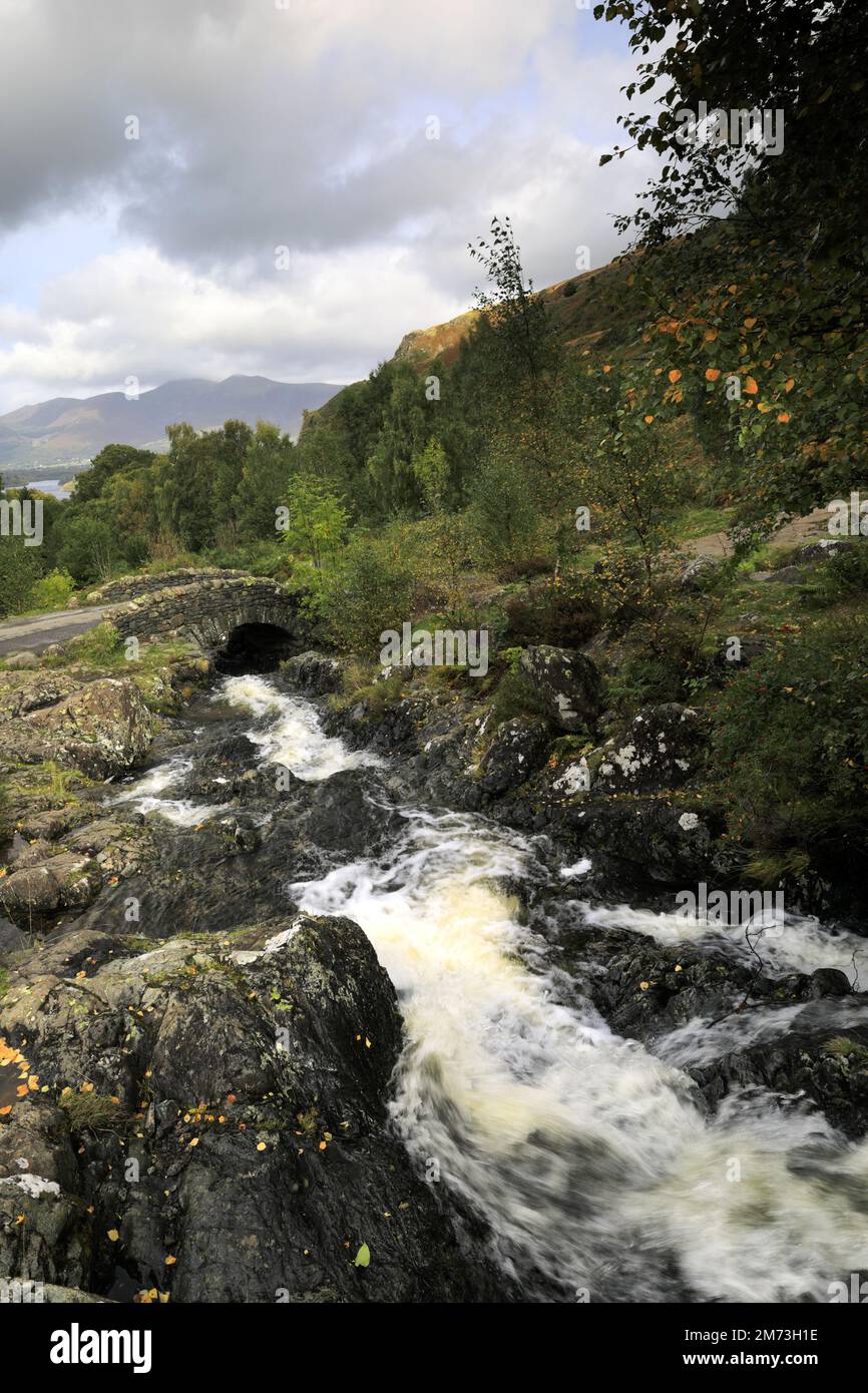 Autumn view over Ashness Bridge, Keswick town, Lake District National ...