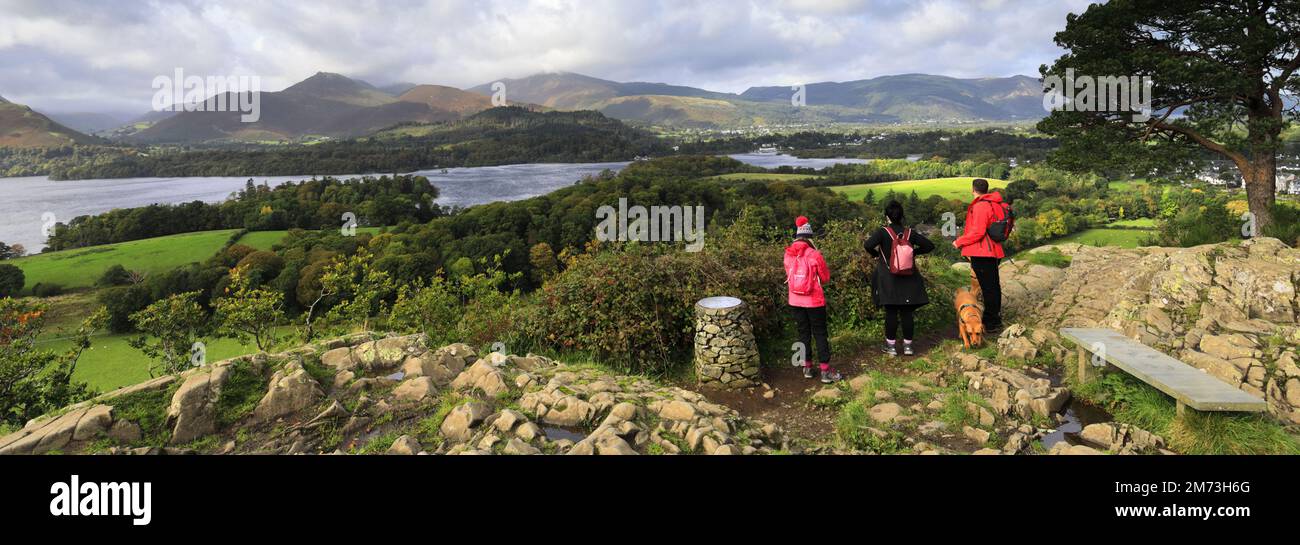 Walker on Castlehead fell above Derwentwater, Keswick town, Cumbria ...