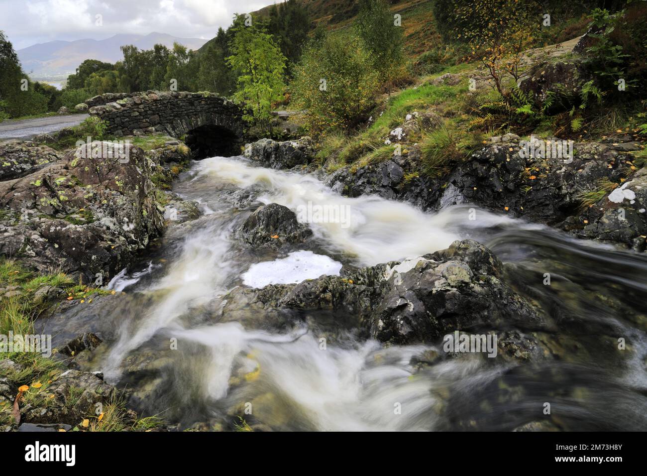 Autumn view over Ashness Bridge, Keswick town, Lake District National ...