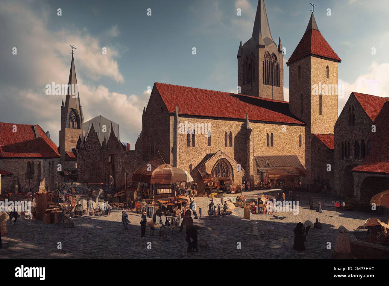 An imaginary medieval city center with a church and a marketplace Stock ...