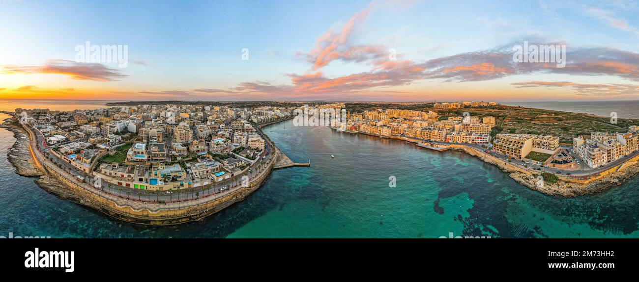 Drone Panorama of Marsaskala at sunrise in Malta Stock Photo - Alamy