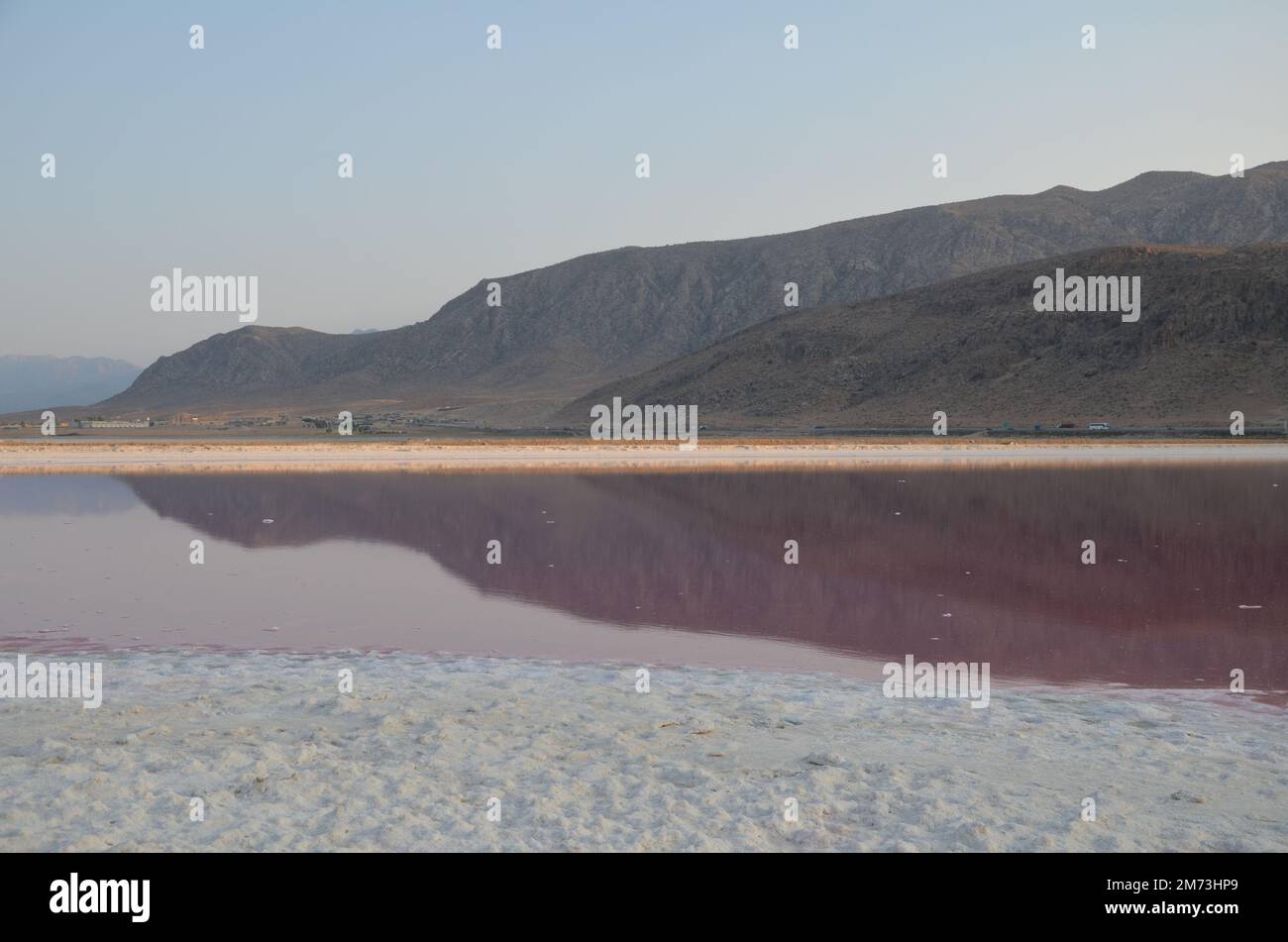 mountain range reflects in the pink coloured water of "pink lake", salt ...