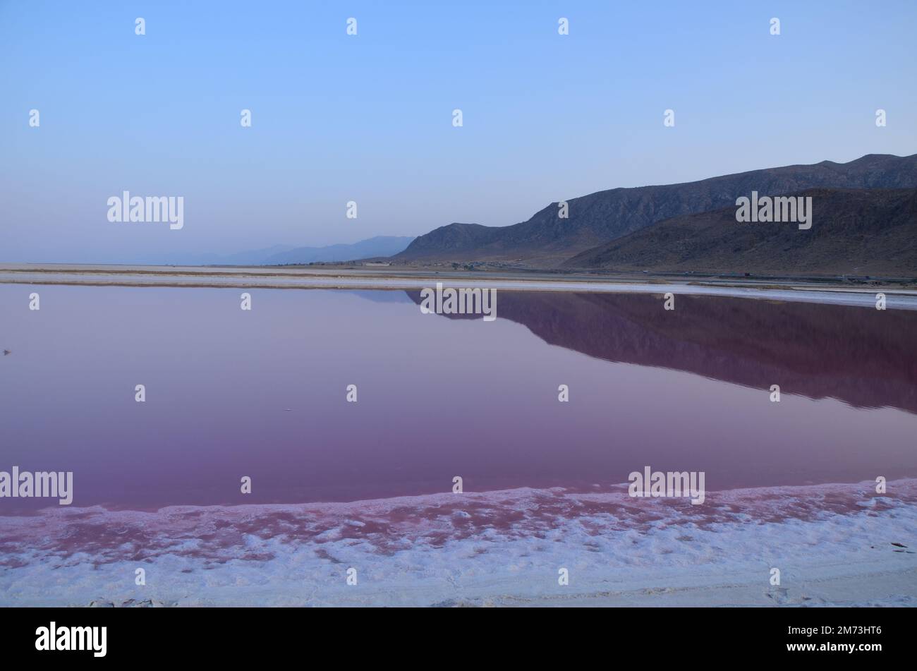 mountain range reflects in the evening light in the pink coloured water ...