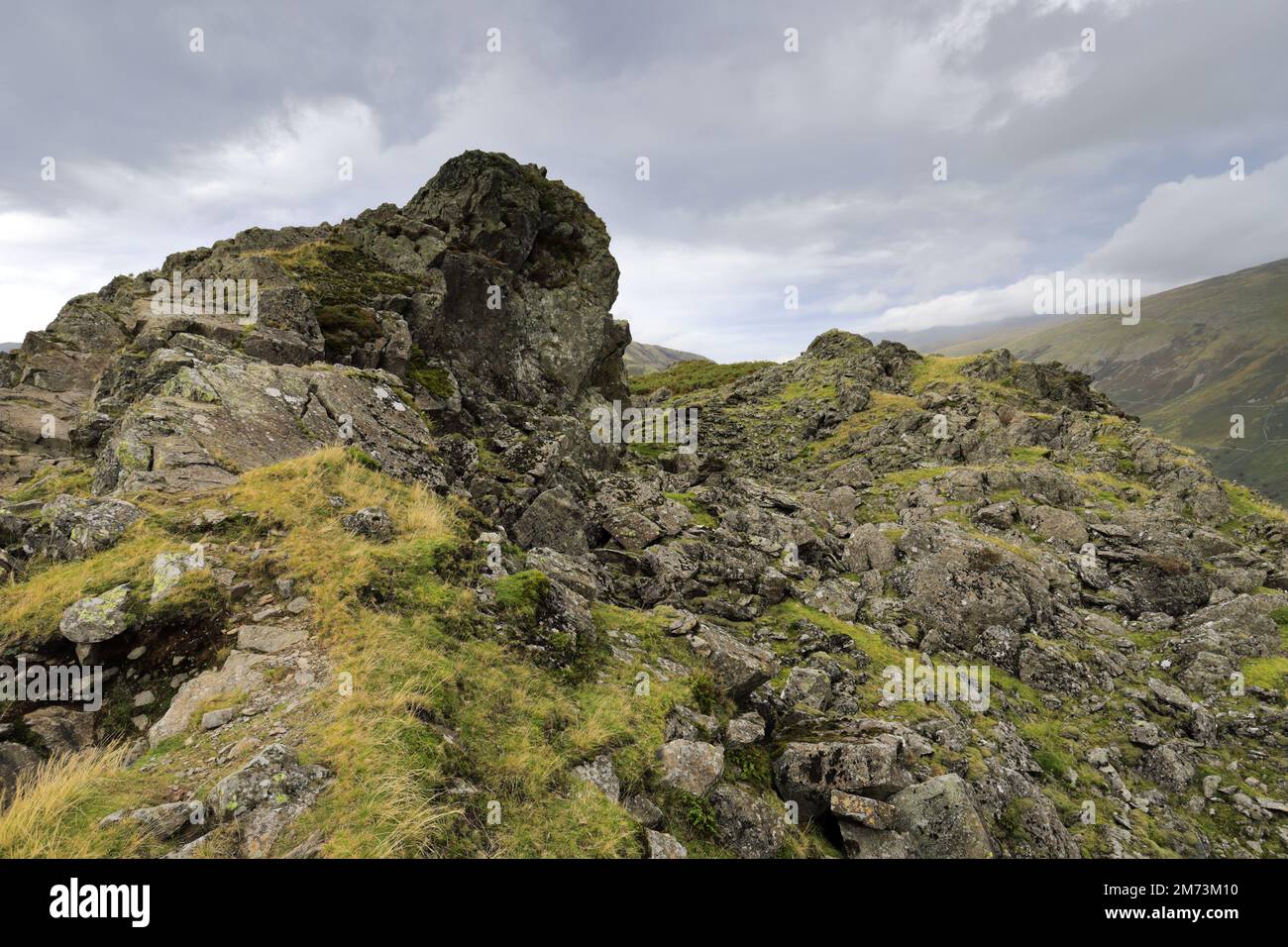The Howitzer rock, the true summit of Helm Crag fell, above Grasmere in ...
