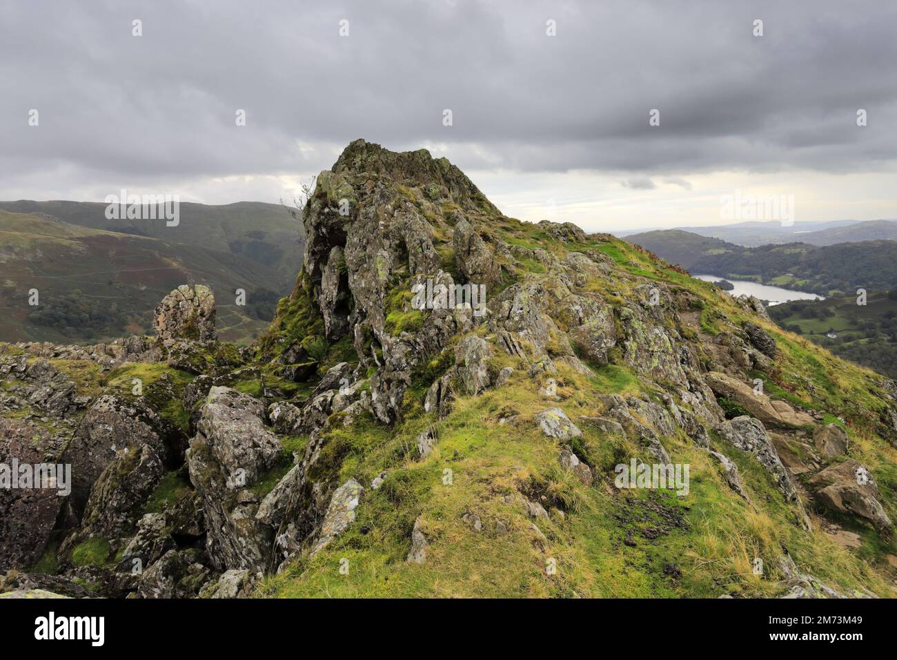The Howitzer rock, the true summit of Helm Crag fell, above Grasmere in ...