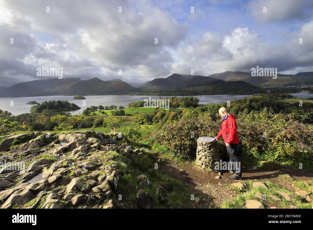 Walker on Castlehead fell above Derwentwater, Keswick town, Cumbria ...