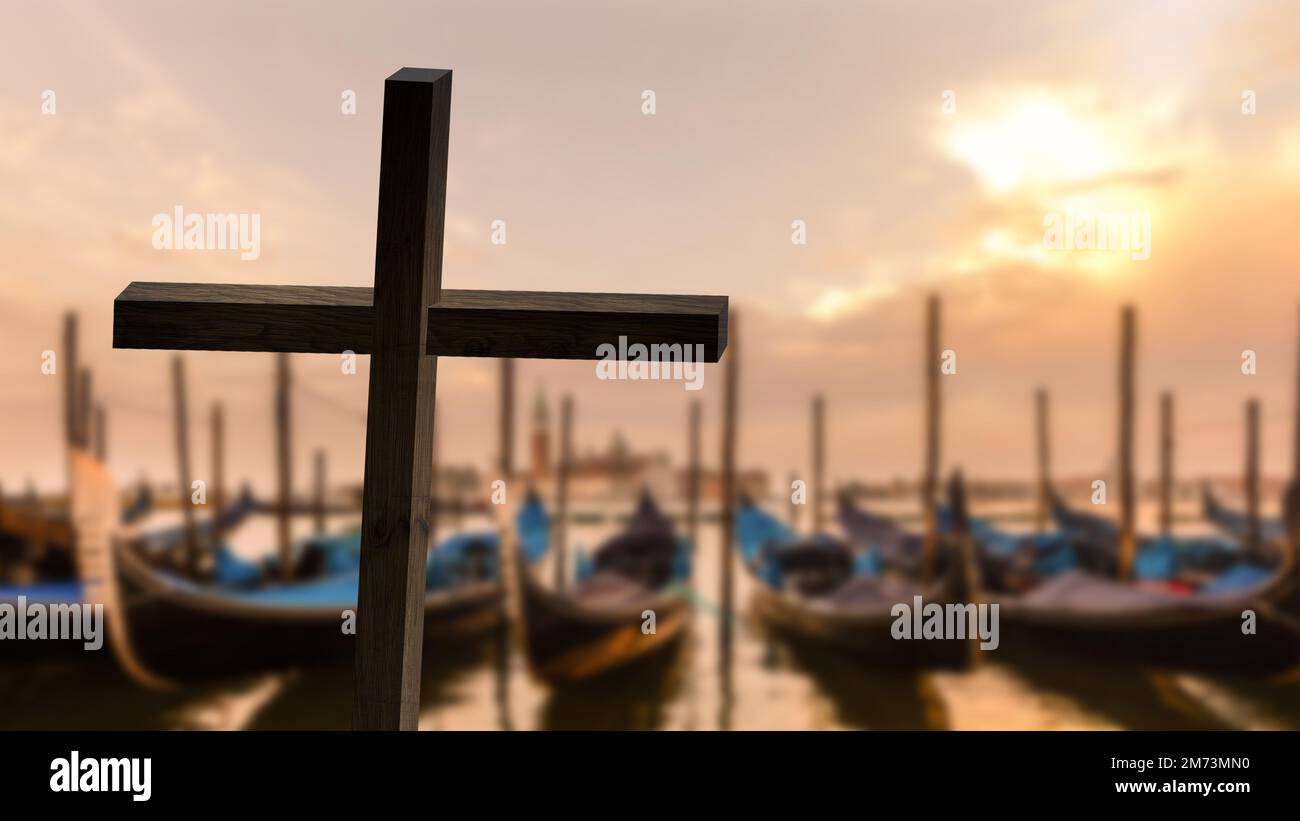 Religious concepts. Christian wooden cross on a background with ...