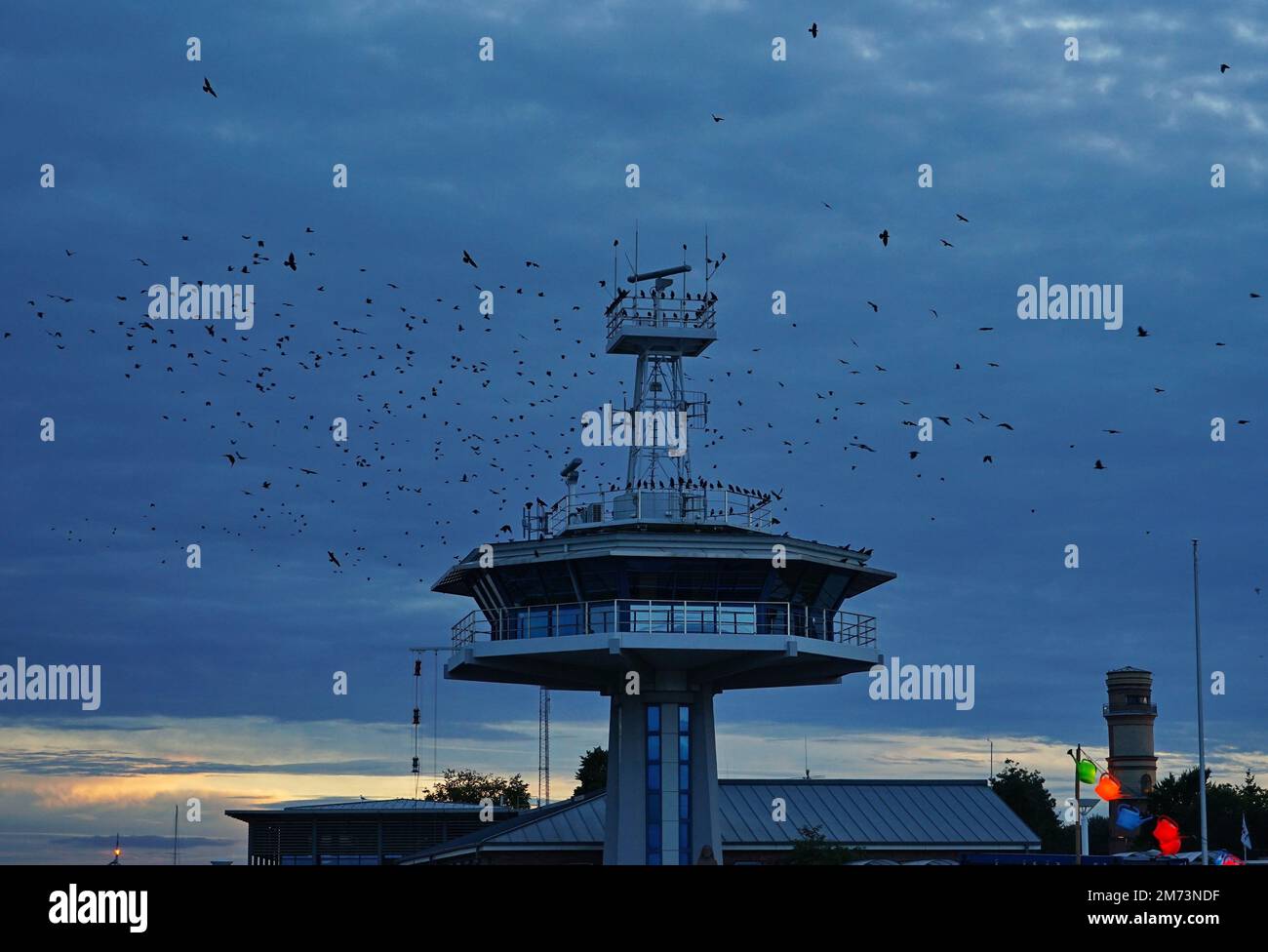 An aerial view of flock of birds flying around a radar station against ...