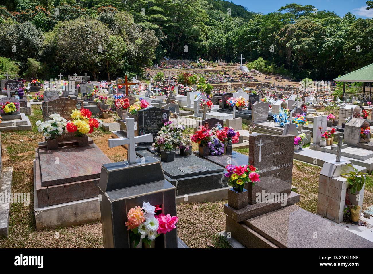 colorful cemetery of La Digue, Seychelles Stock Photo - Alamy