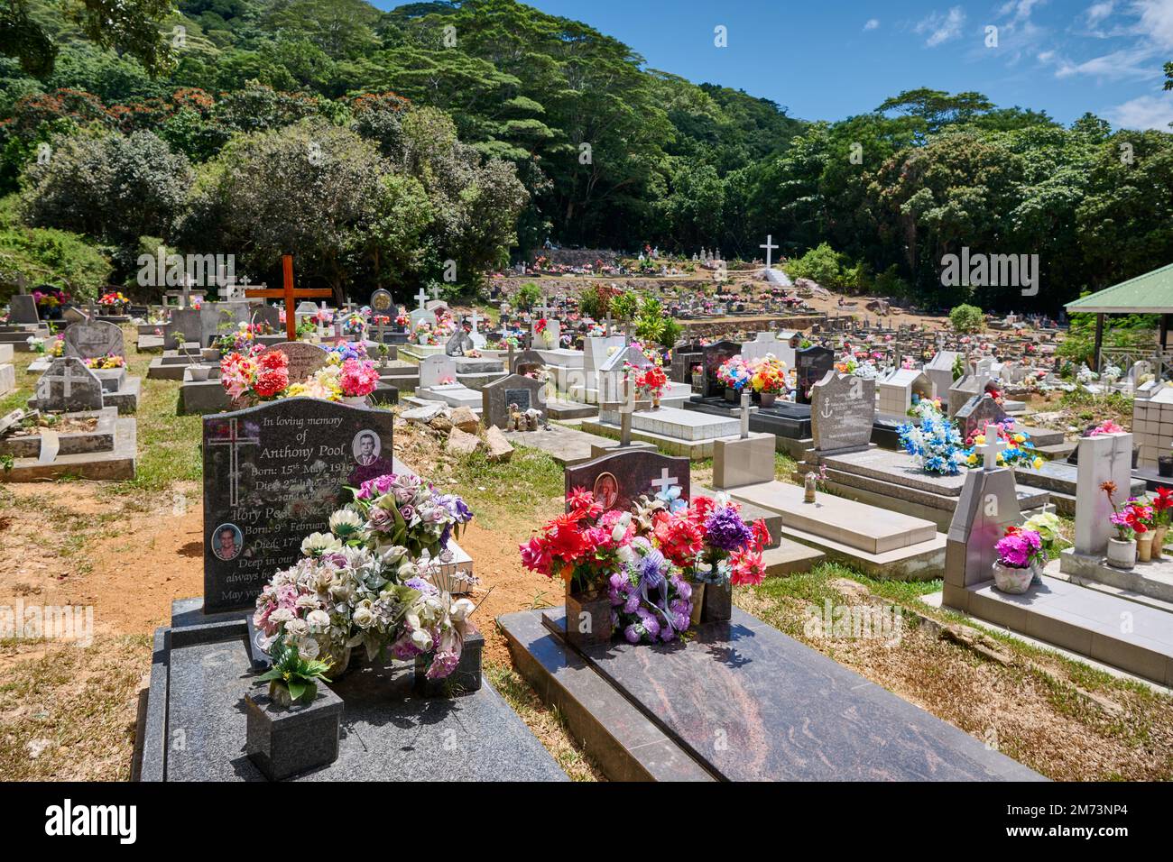 colorful cemetery of La Digue, Seychelles Stock Photo - Alamy