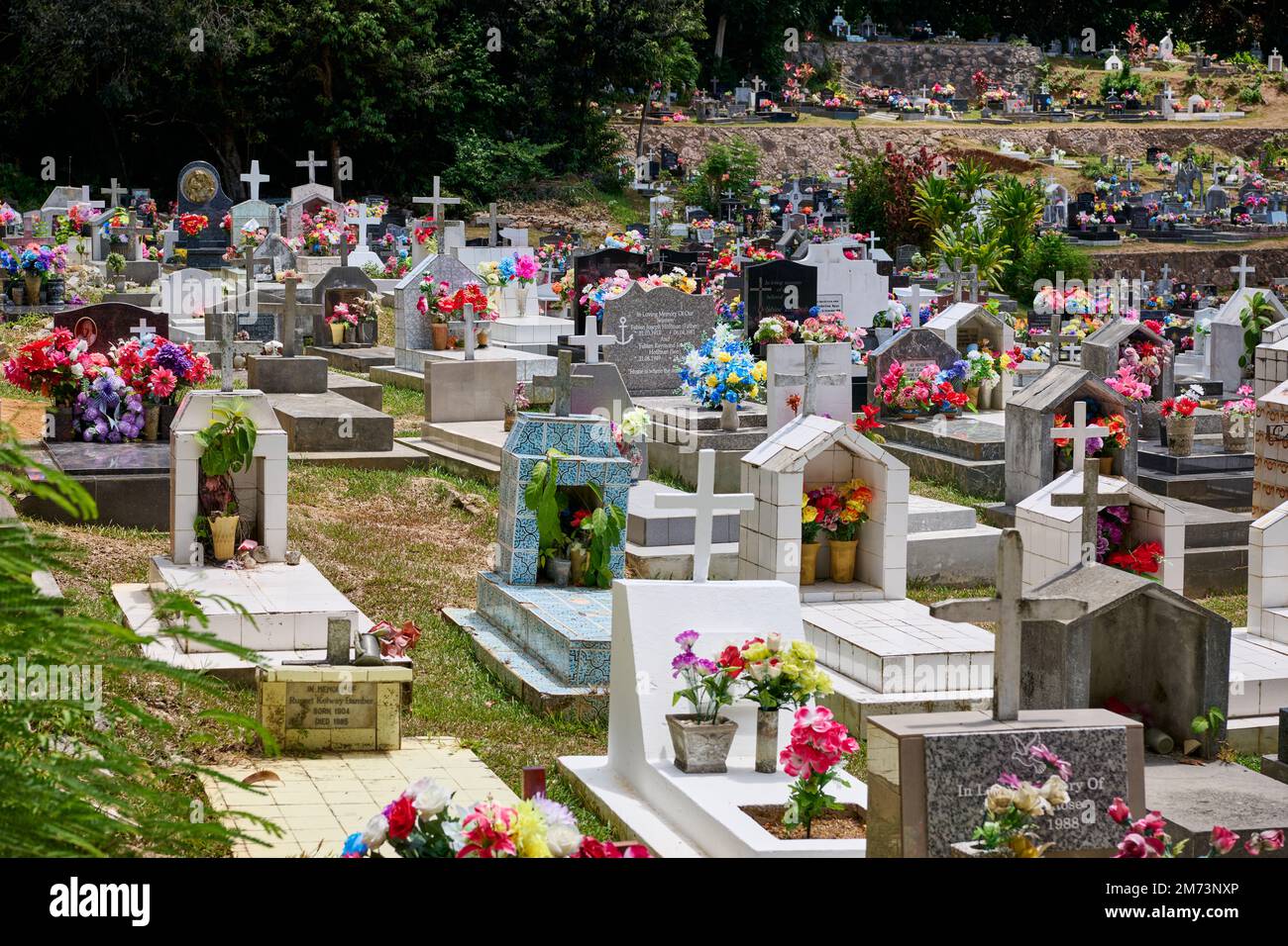 colorful cemetery of La Digue, Seychelles Stock Photo - Alamy