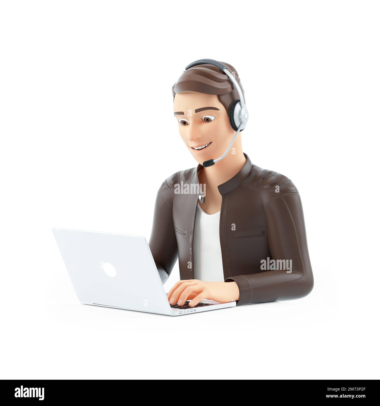 3d cartoon man with headset working on laptop, illustration isolated on ...