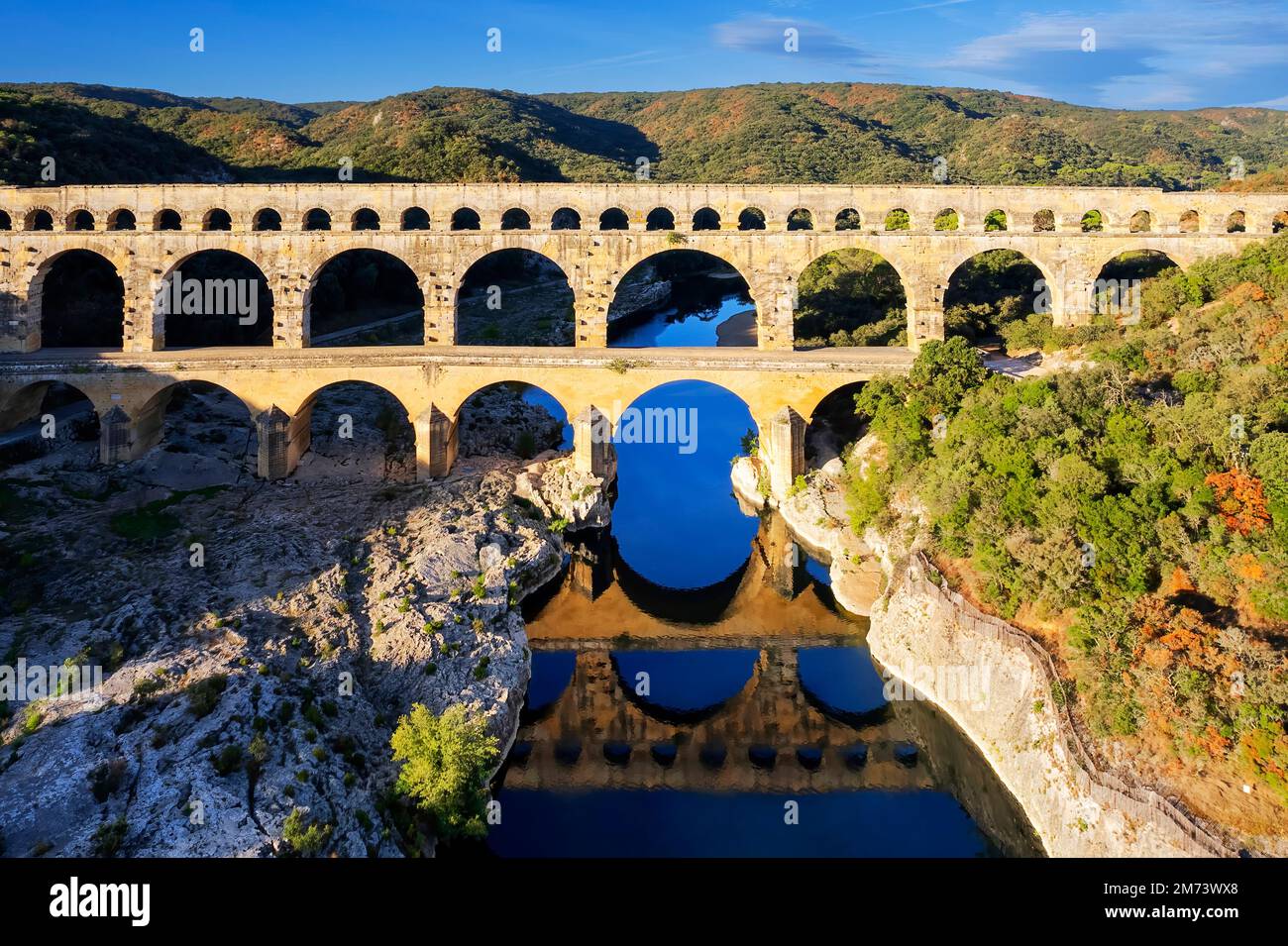 Aerial view of famous Pont du Gard, old roman aqueduct in France ...