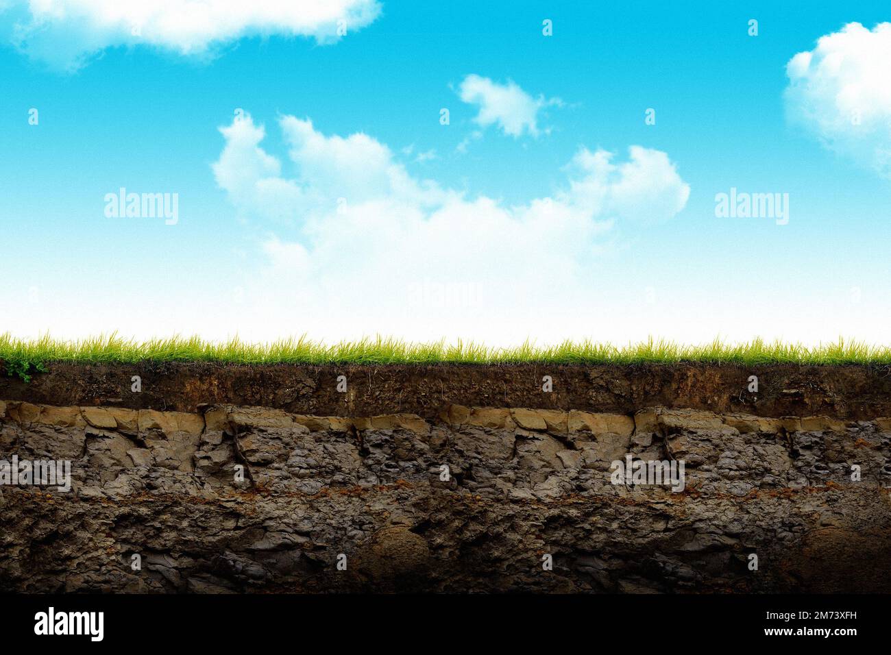 Cross section brown soil and green grass, under ground with blue sky in ...