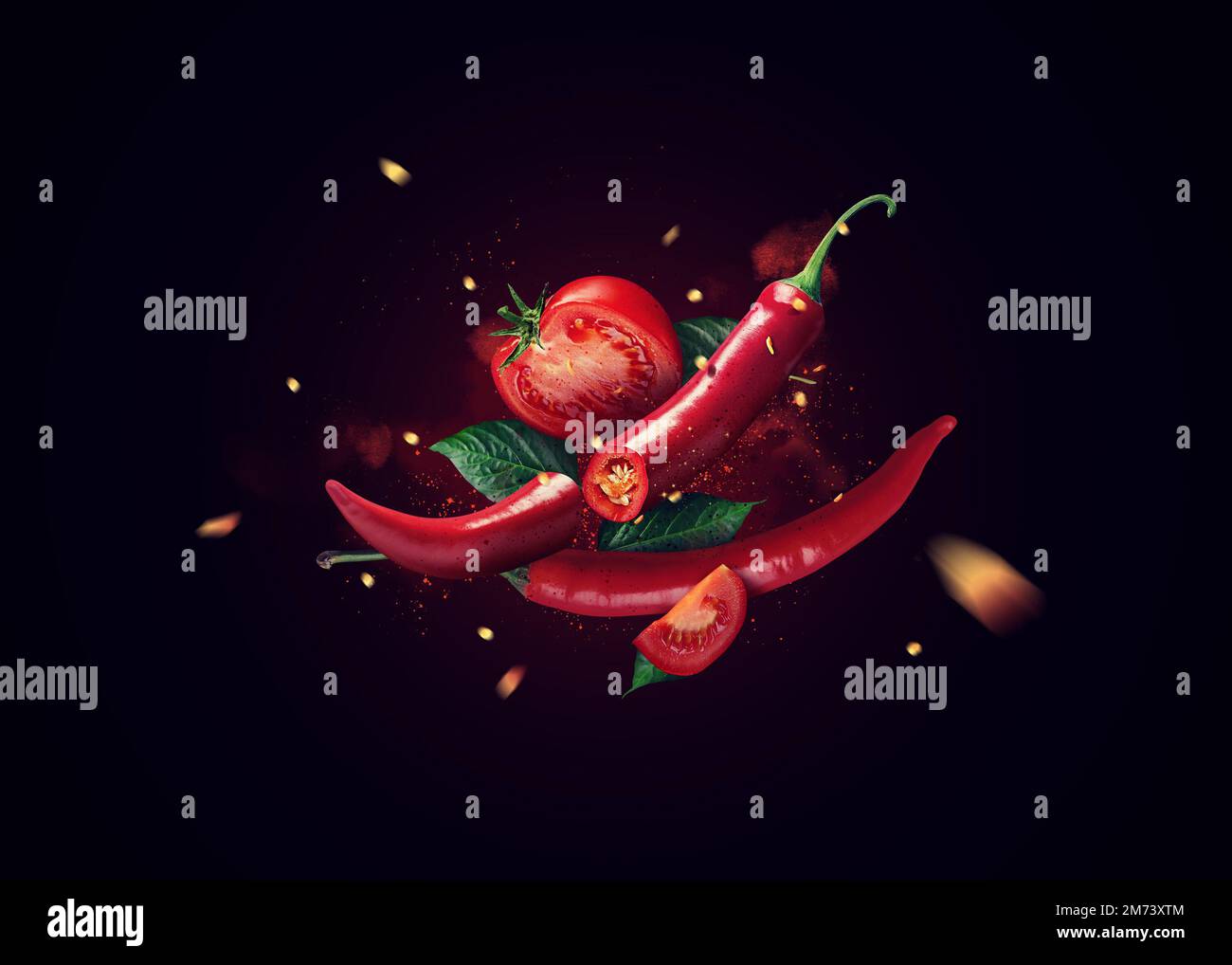 Red chili pepper with tomato and leaves.chili slicing and splash ...