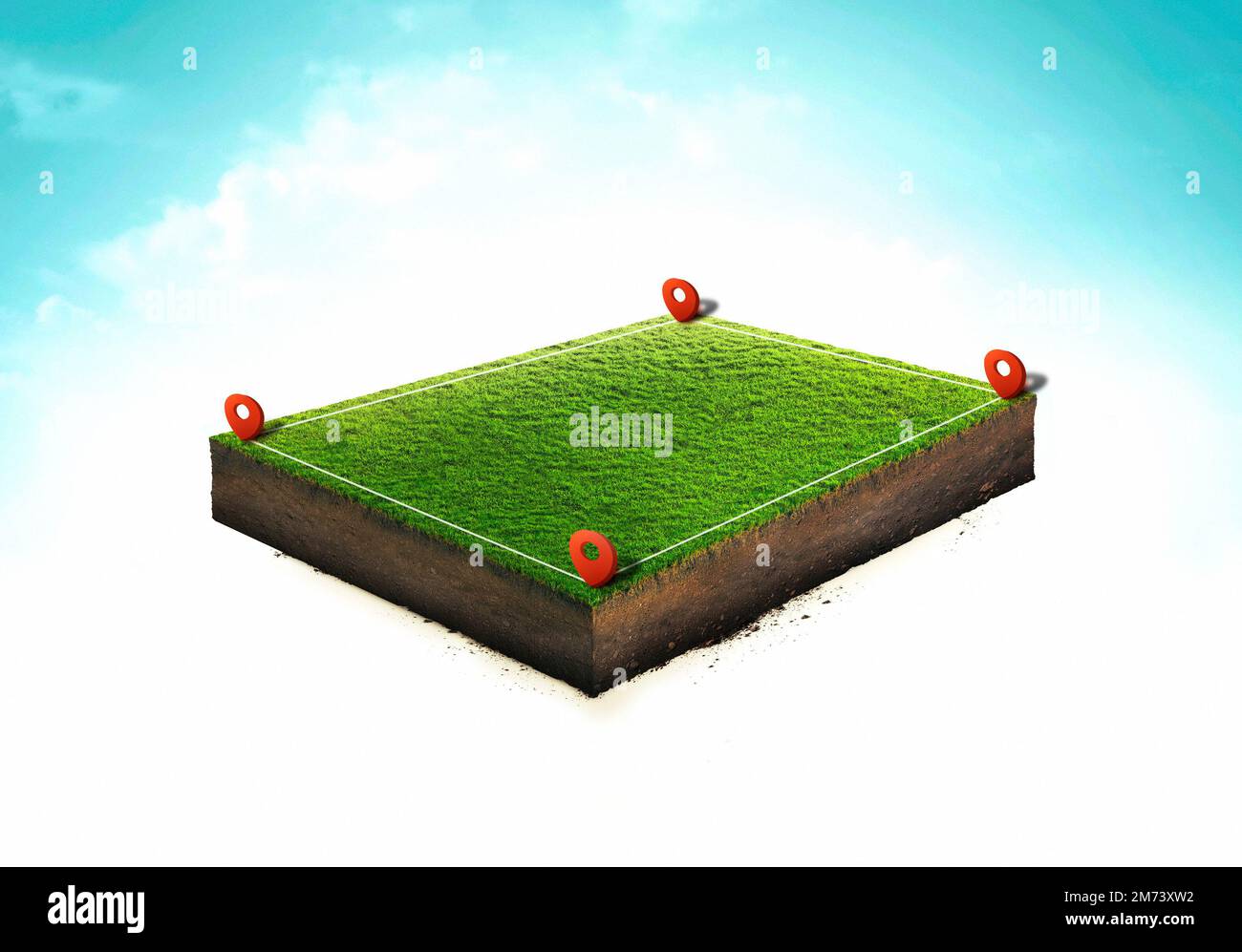 Location pin icon on green land plot, estate investment, soil slice ...