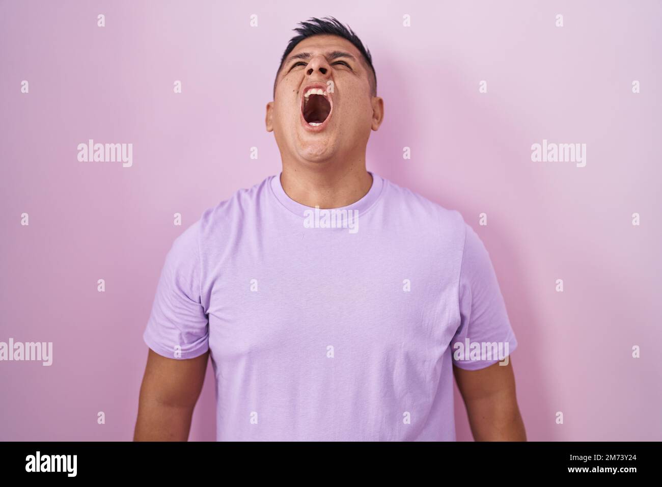 Young hispanic man standing over pink background angry and mad ...