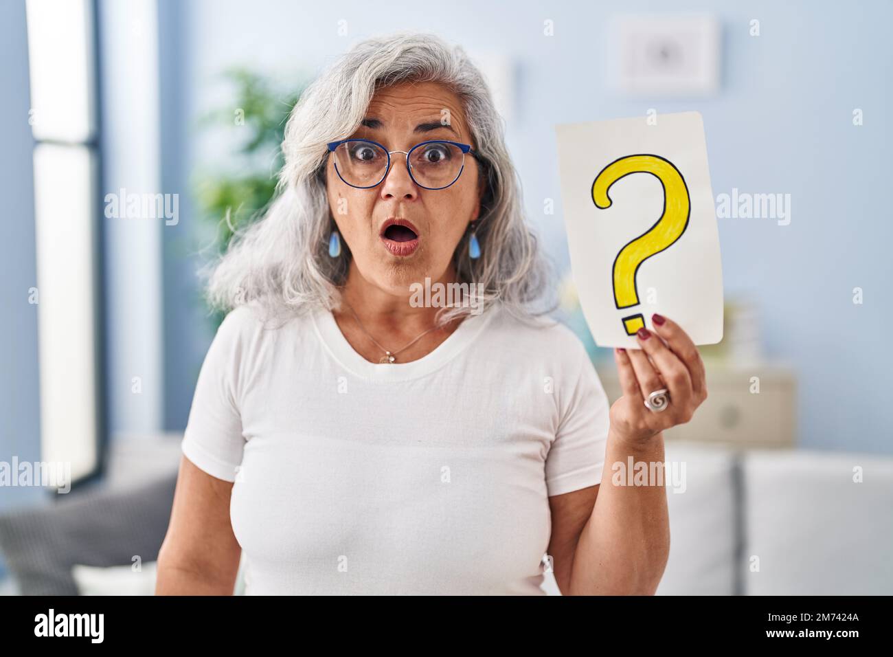 Middle age woman with grey hair holding question mark scared and amazed ...