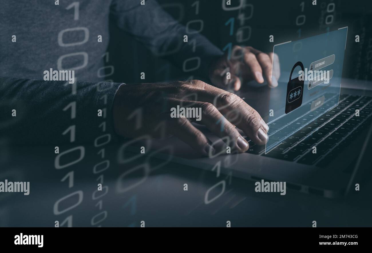 Hands typing login and password. Cyber security protection Firewall ...