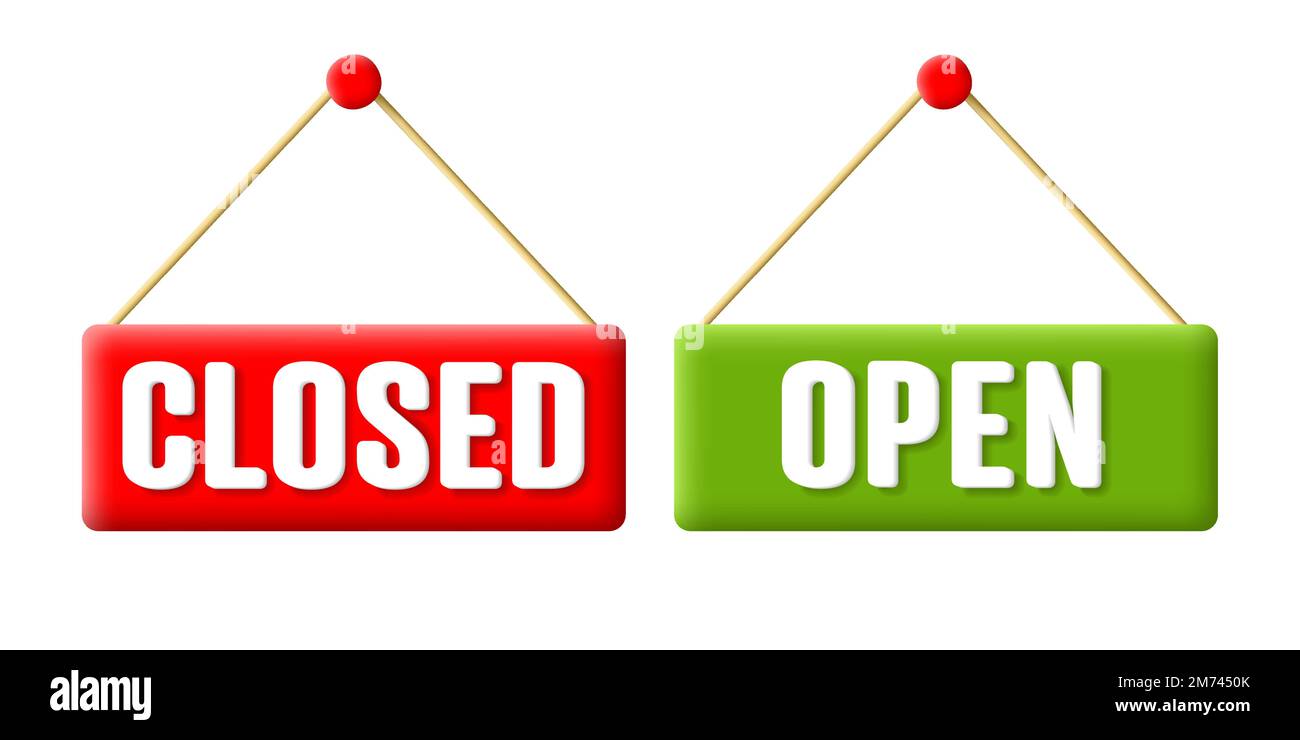 Open and Closed shop sign 3d icon hanging on a pin in red and green ...