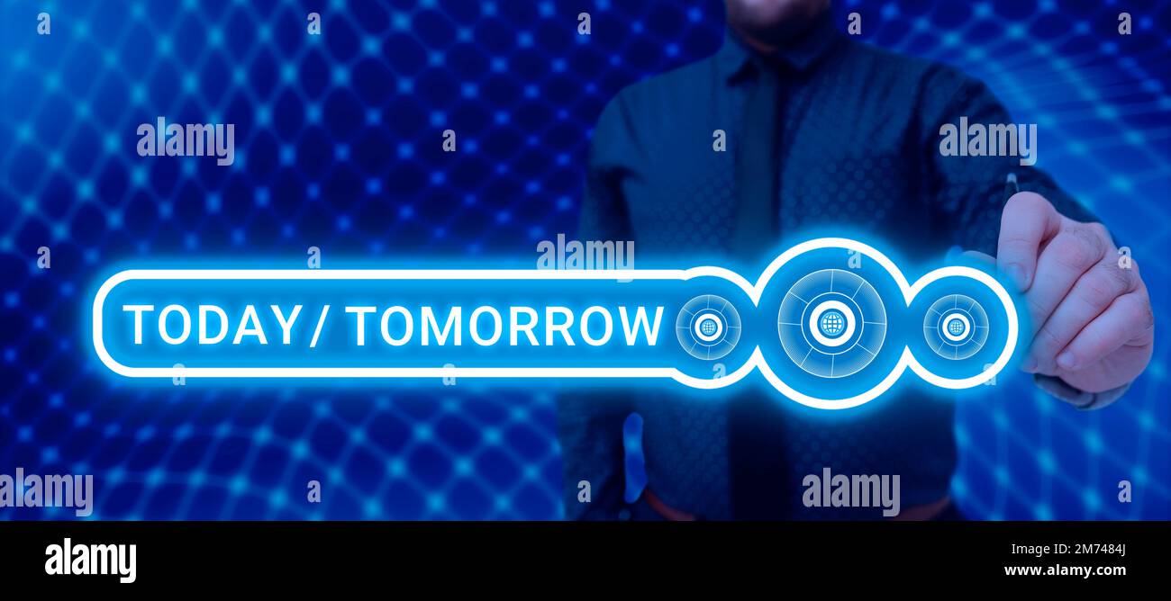 Text caption presenting Today Tomorrow. Word for What is happening now ...