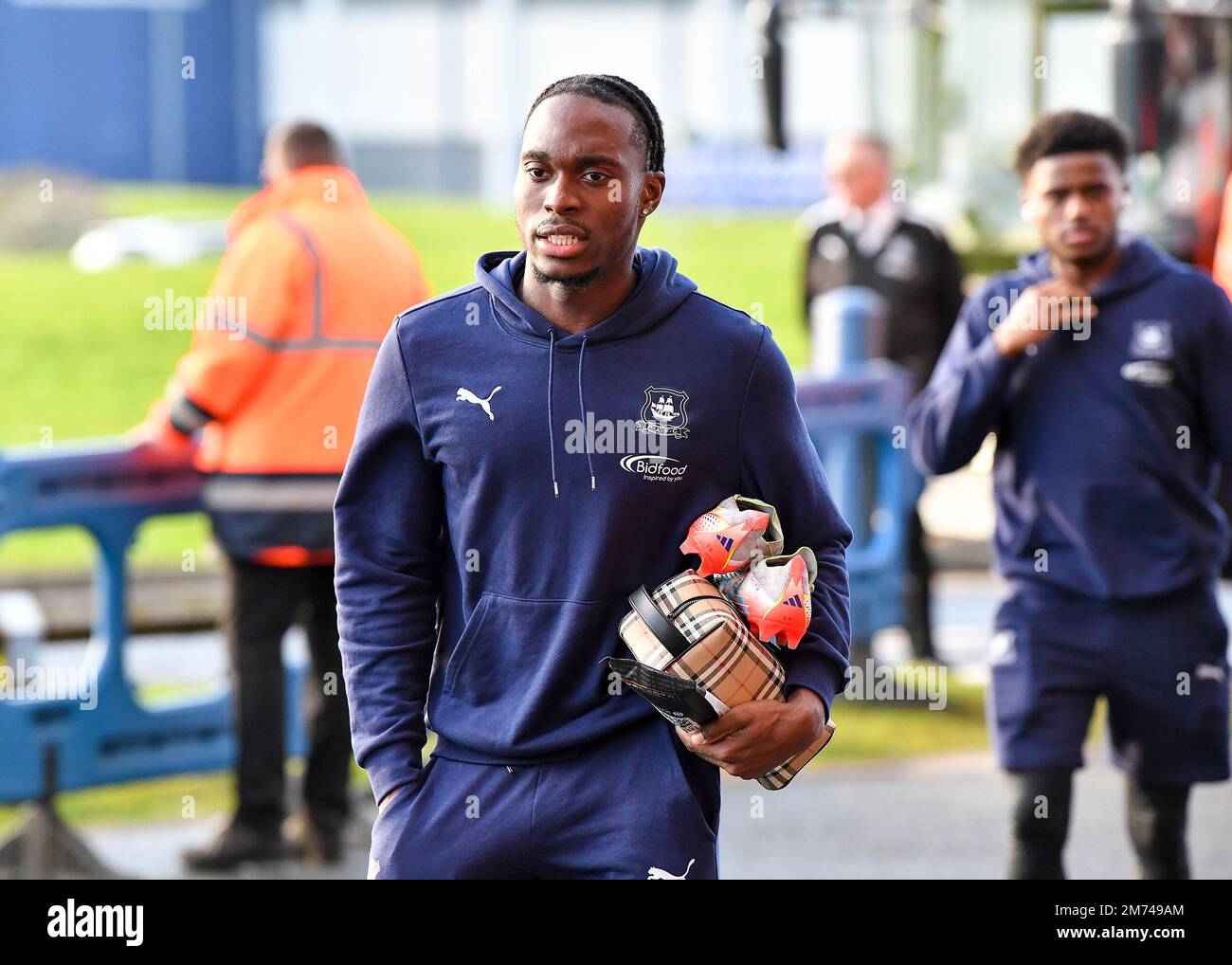 Plymouth Argyle midfielder Jay Matete (28) arrives during the Sky Bet ...