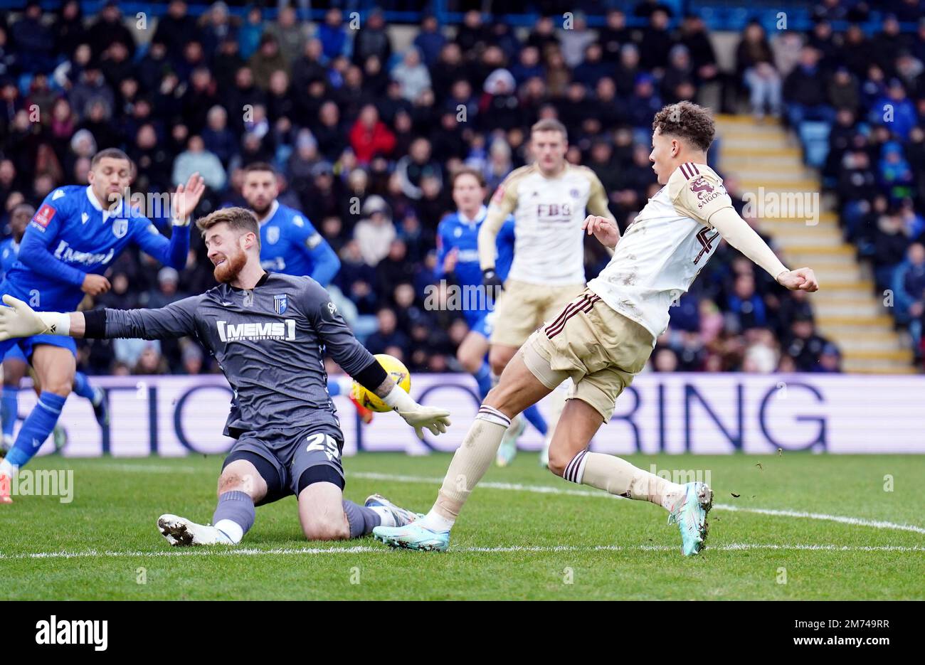 Leicester City's Kasey McAteer crosses the ball for their first goal ...