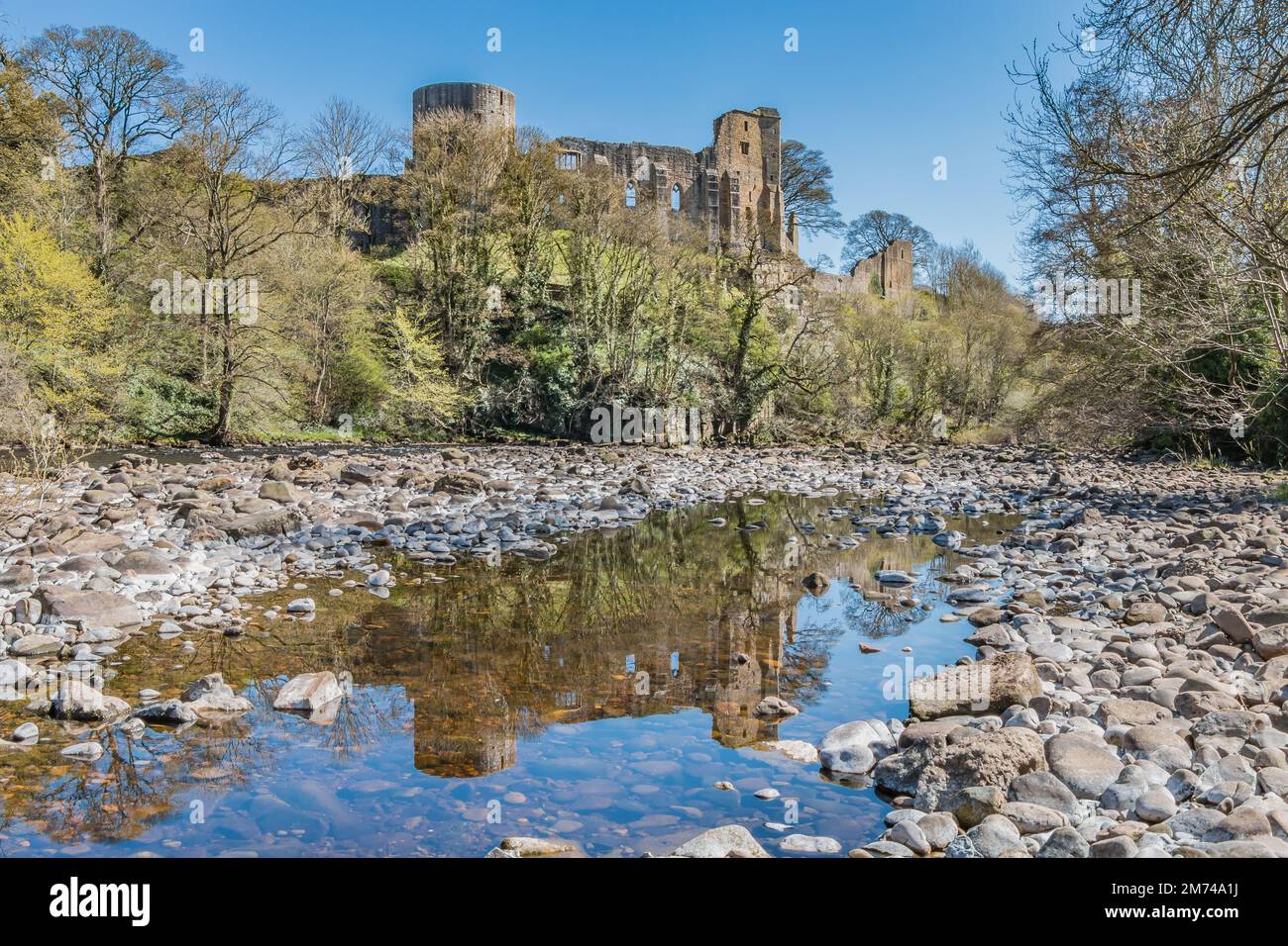 The ruins of Barnard Castle, Teesdale and its reflection in the River ...