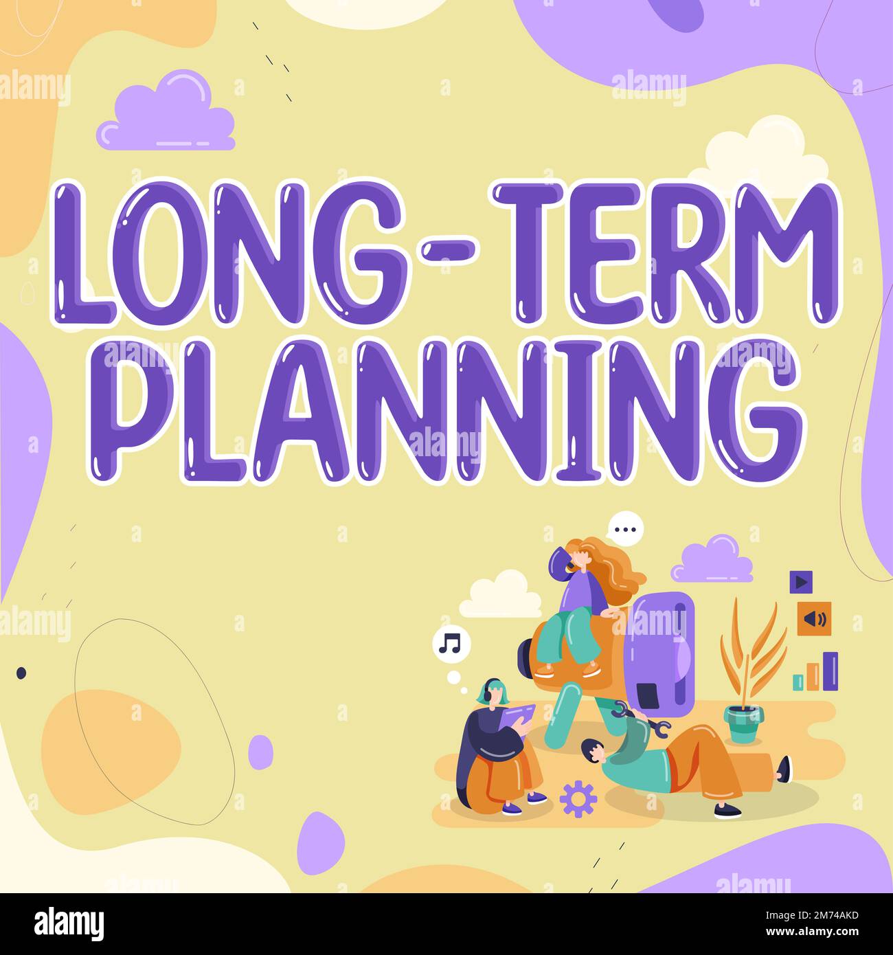 Text caption presenting Long Term Planning. Business overview Establish ...
