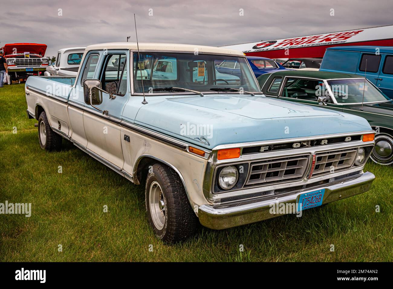 Iola, WI - July 07, 2022: High perspective front corner view of a 1975 ...