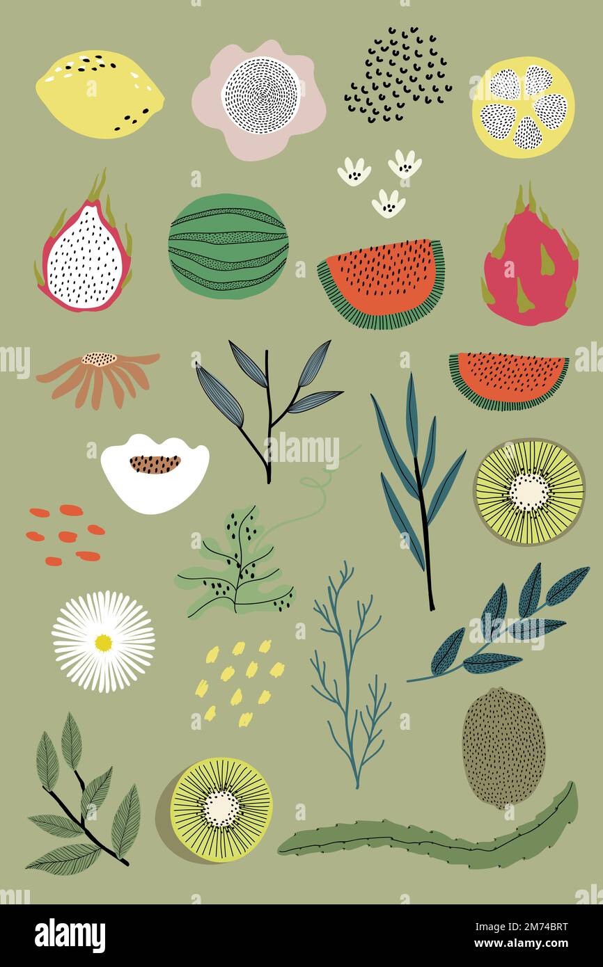 Fruit and vegetable elements on a green background vector Stock Vector ...