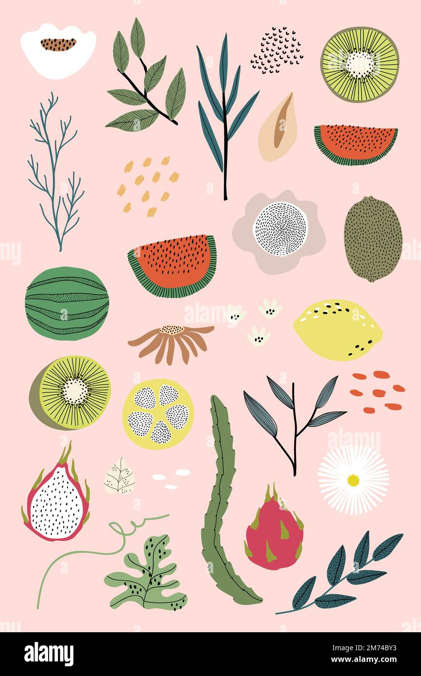 Fruit and vegetable elements on a pink background vector Stock Vector ...