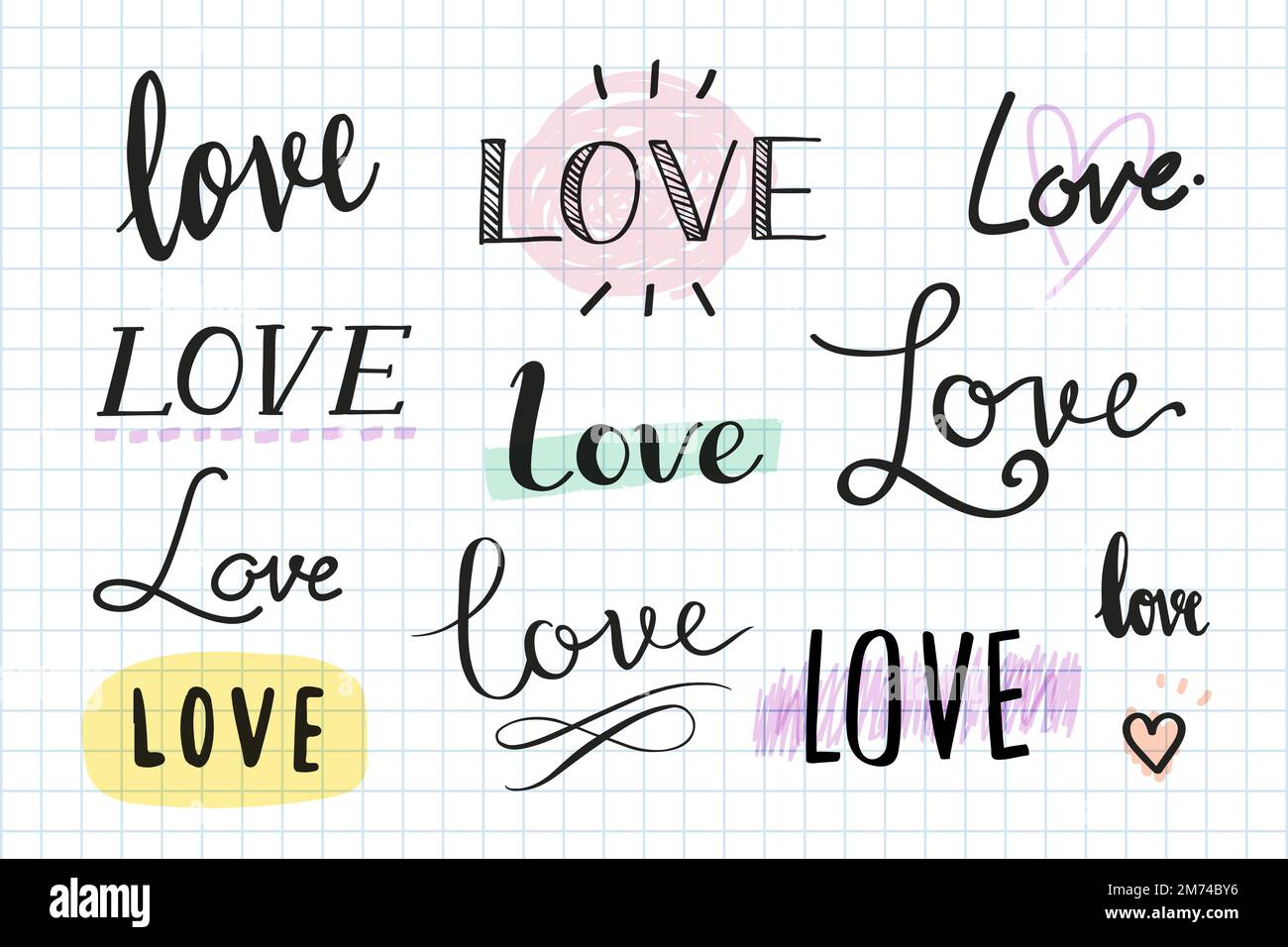 Love typography collection on a grid background vector Stock Vector ...