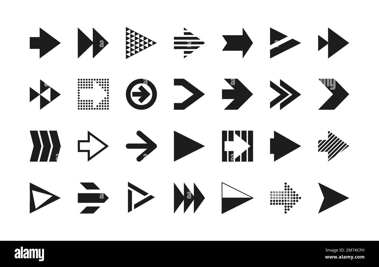 Black arrows. Simple navigation orientation pictograms, directional pointers and cursor click ...