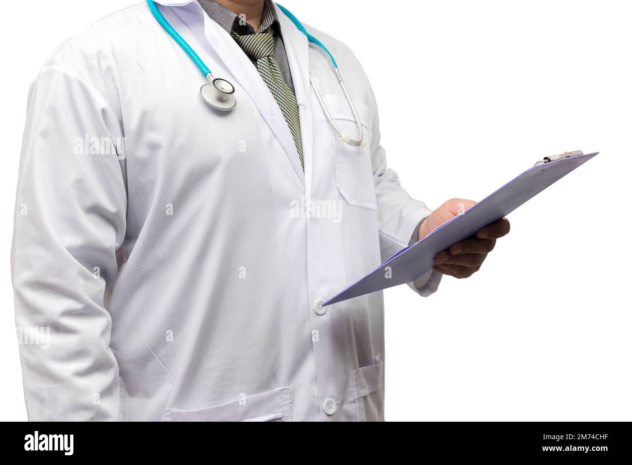 Doctor standing with stethoscope and holding chart diagnose isolated on ...