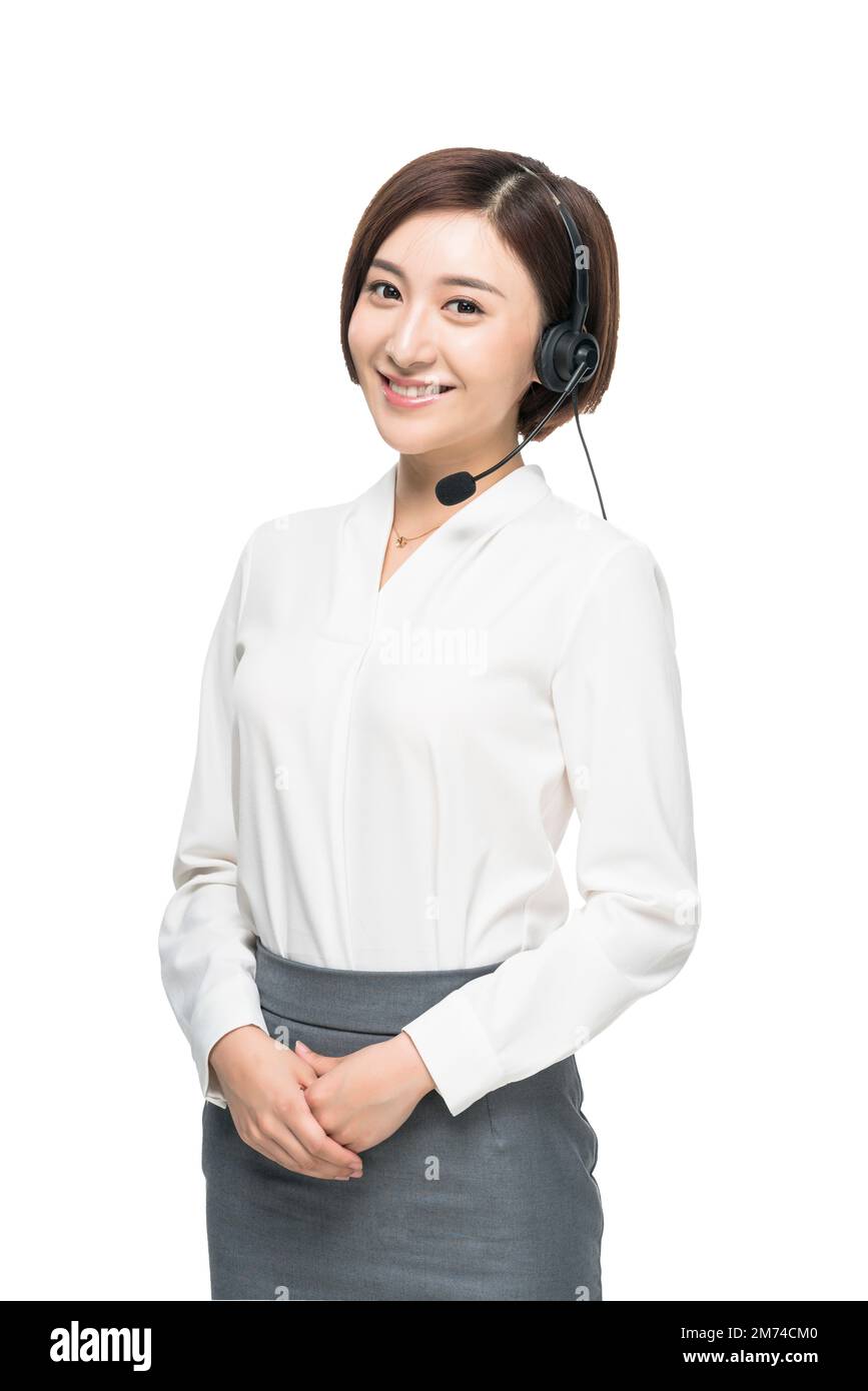 The female customer service staff wearing headphones Stock Photo - Alamy