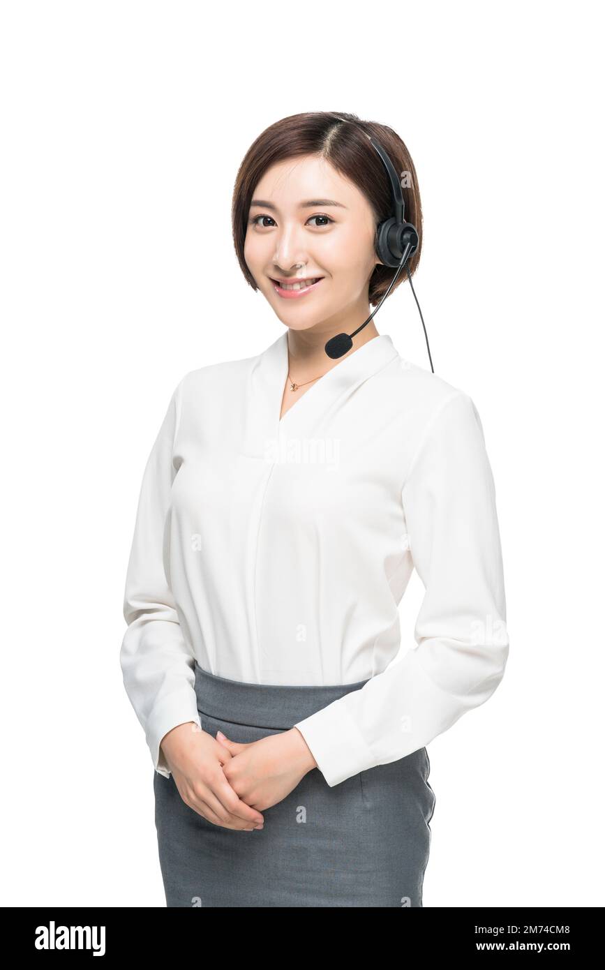 The female customer service staff wearing headphones Stock Photo - Alamy