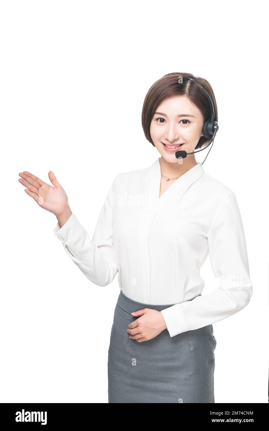 The female customer service staff wearing headphones Stock Photo - Alamy