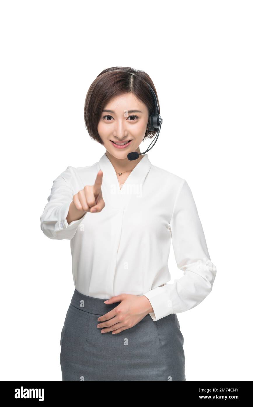 The female customer service staff wearing headphones Stock Photo - Alamy