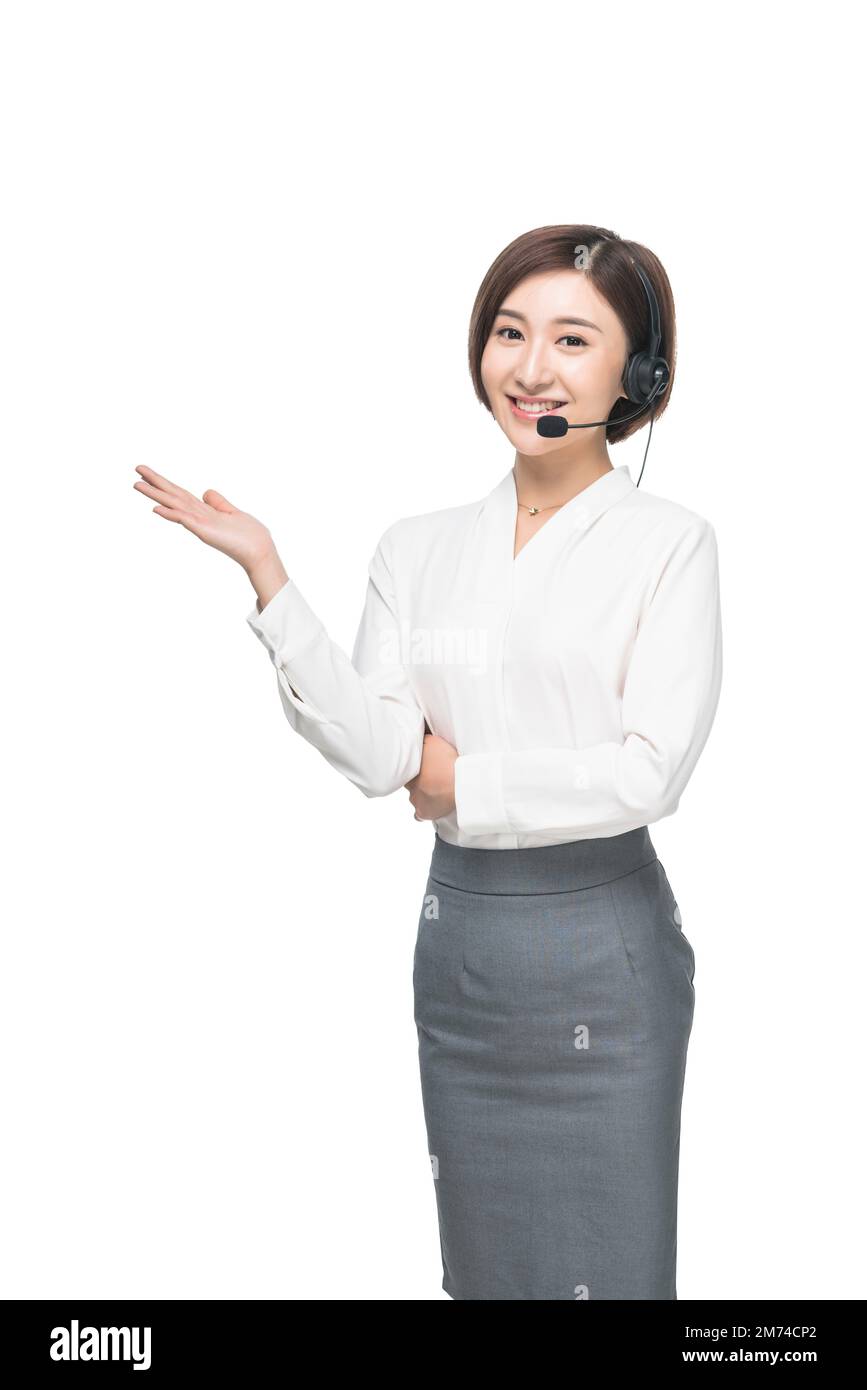 The female customer service staff wearing headphones Stock Photo - Alamy