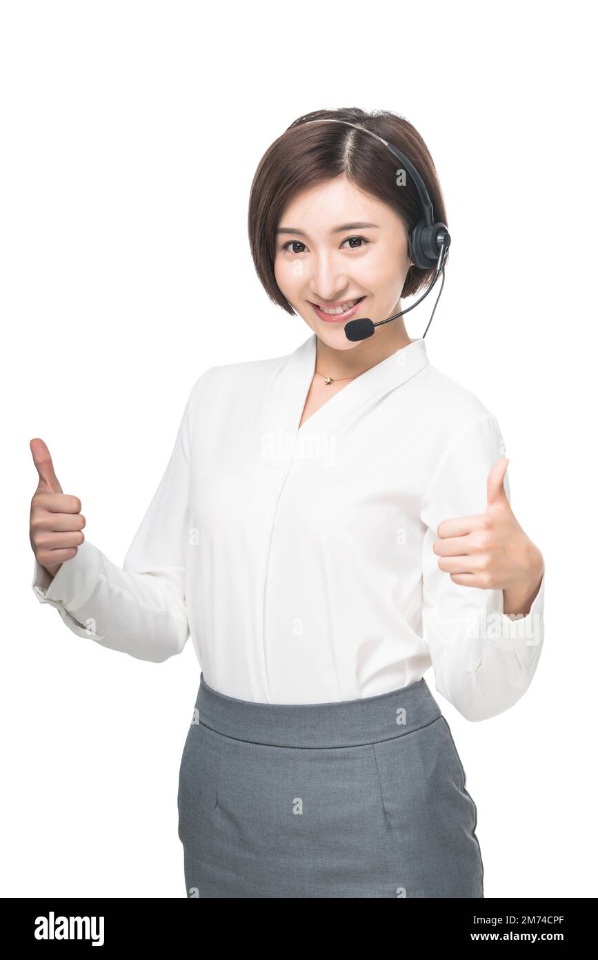 The female customer service staff wearing headphones Stock Photo - Alamy