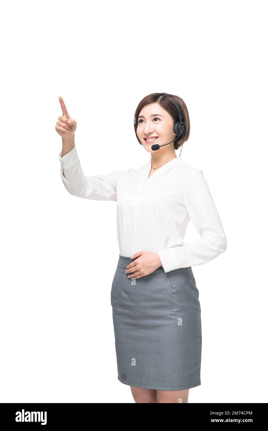 The female customer service staff wearing headphones Stock Photo - Alamy