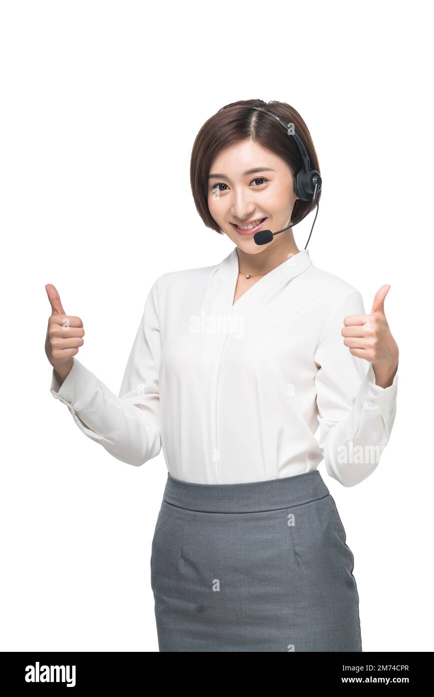 The female customer service staff wearing headphones Stock Photo - Alamy