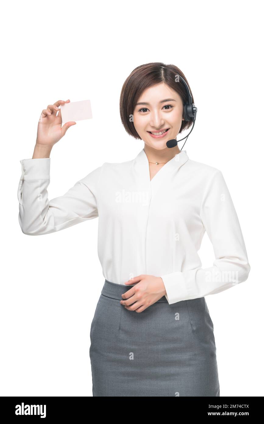 The female customer service staff wearing headphones Stock Photo - Alamy