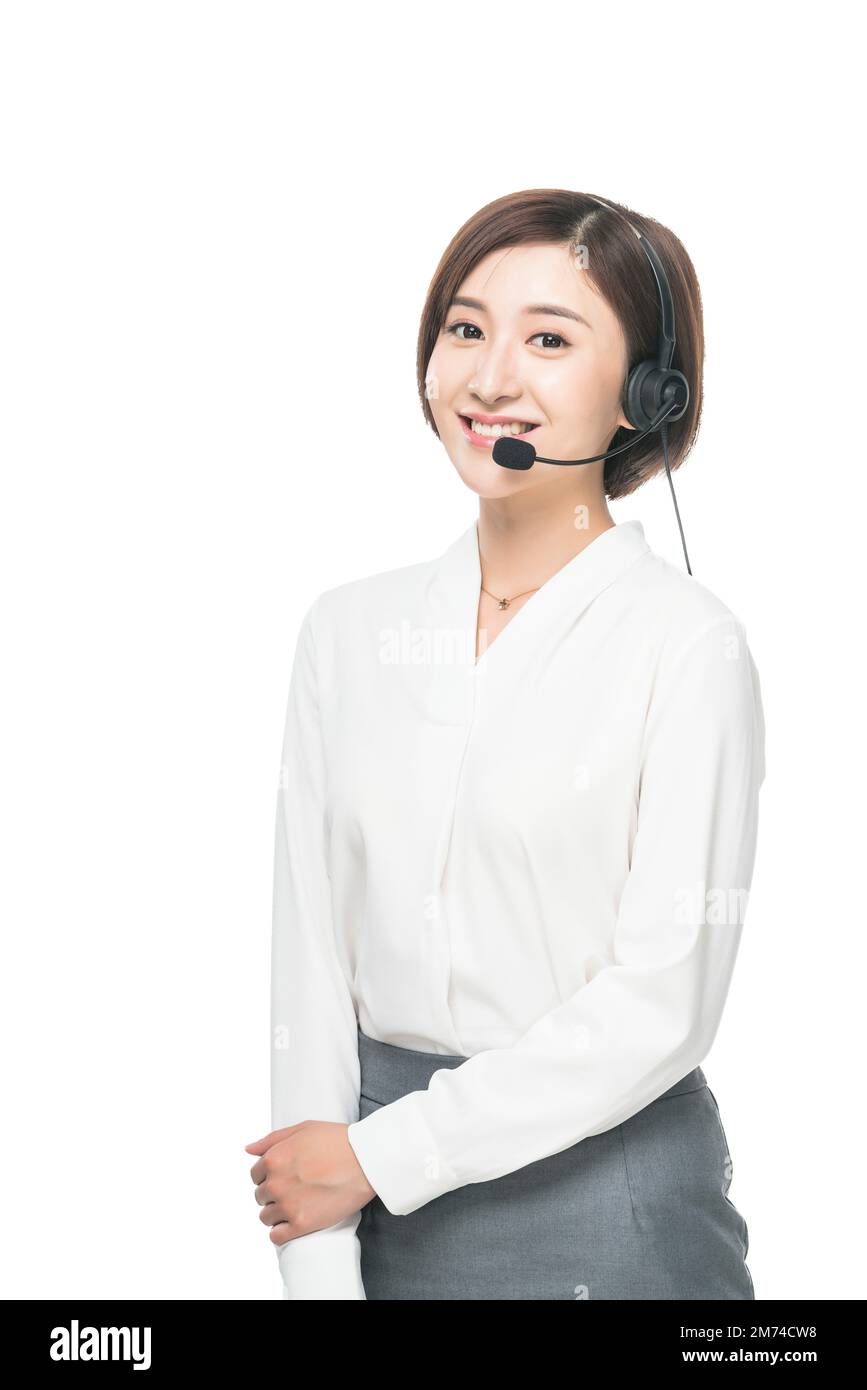 The female customer service staff wearing headphones Stock Photo - Alamy