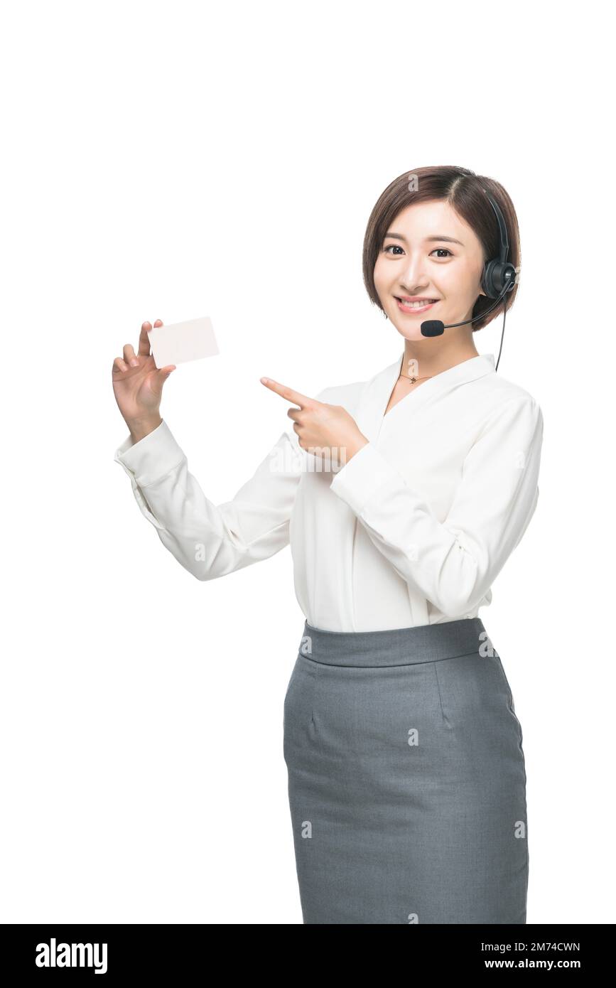 The female customer service staff wearing headphones Stock Photo - Alamy