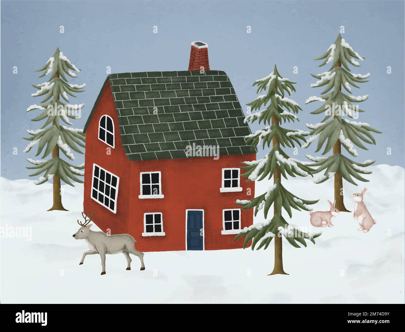 Hand-drawn red house surrounded by wild animals in a snowy forest Stock ...